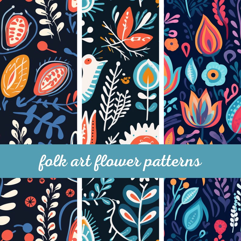 Seamless Folk Art Designs| 12" X 12" Flower Patterns | 24 Instant ...