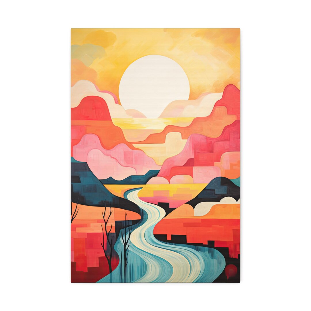 Abstract Canvas Art Landscape Print: Colorful Sunset River Scene ...