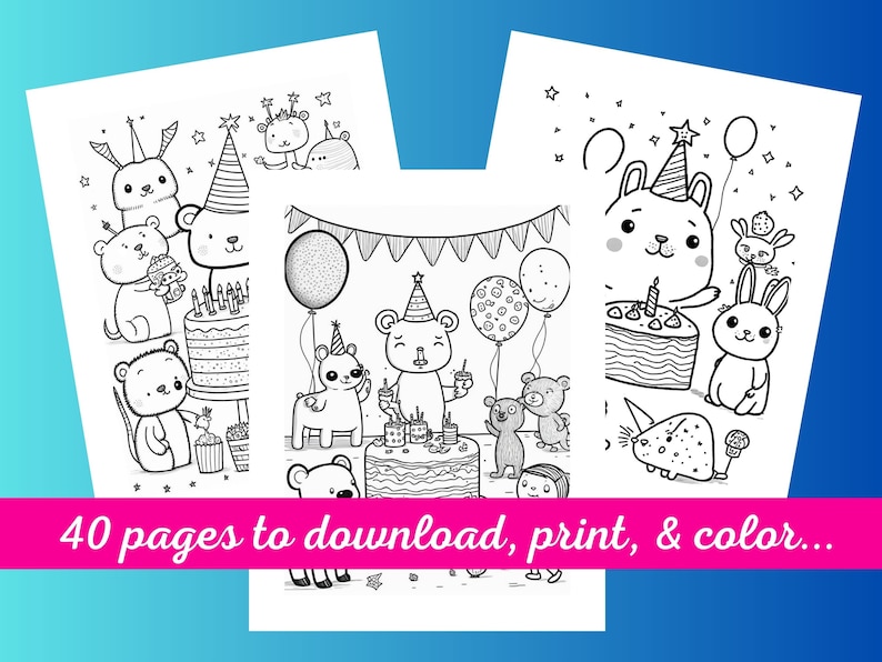 Animal Birthday 40 Coloring Pages | Cute Coloring Book | 40 Coloring ...