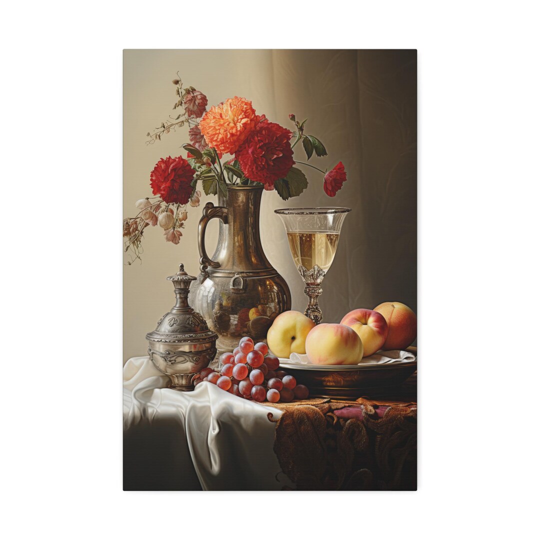 Vintage Still Life Canvas Print | Pitcher, Fruit & Flowers - Etsy