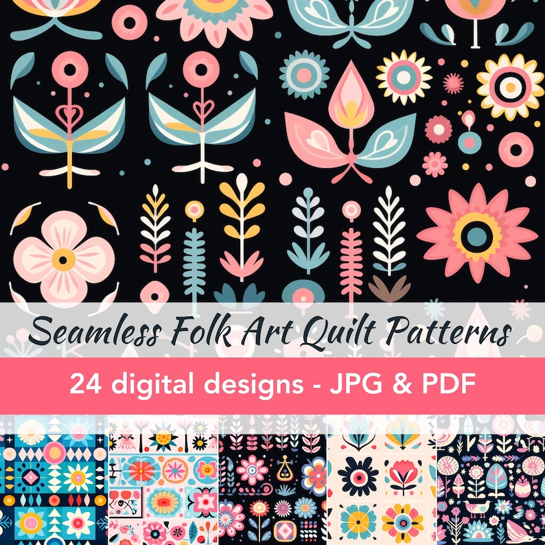 Seamless Folk Art Quilt Designs| 12" X 12" Design Patterns | 24 Instant ...