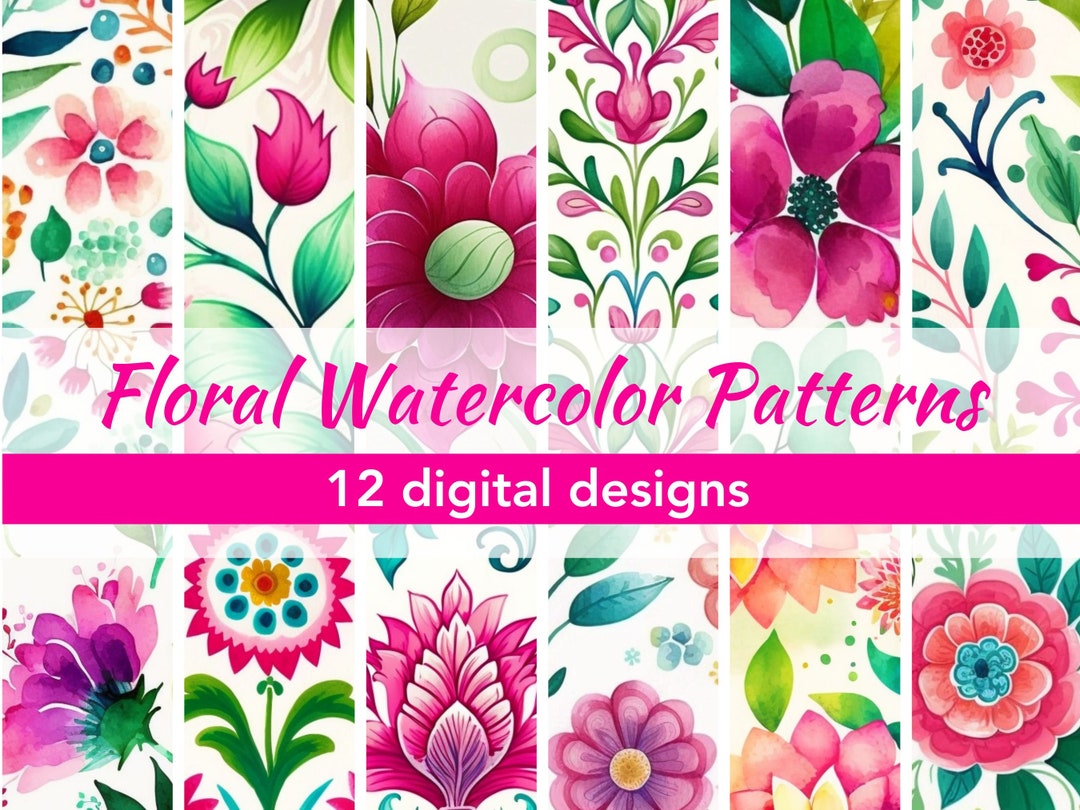 Hot Pink Watercolor Flower Patterns | 12" X 12" Floral Designs | 12 JPG ...