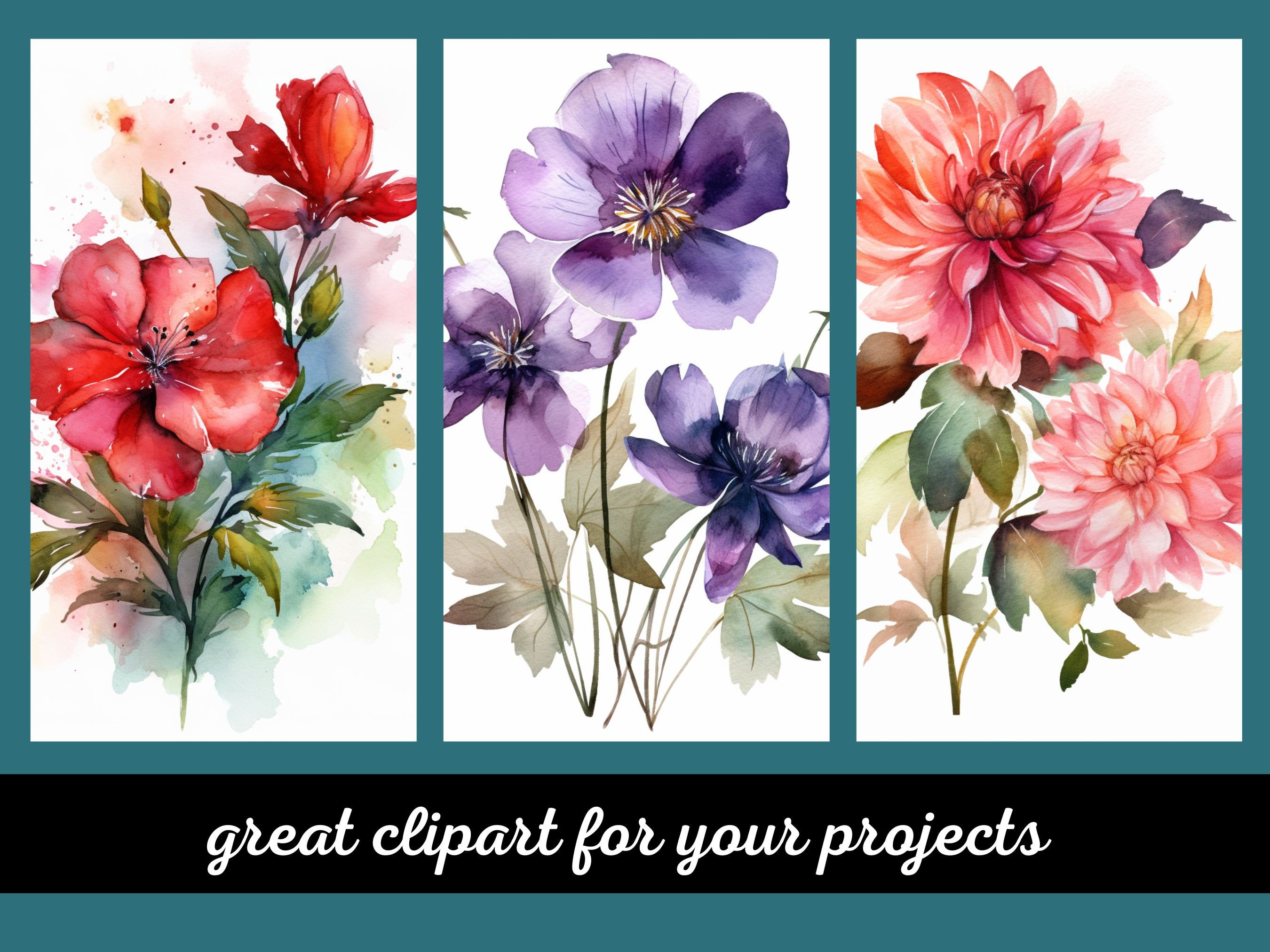 Clipart Colorful Watercolor Flowers, 20 Digital Images of Wild Flowers ...