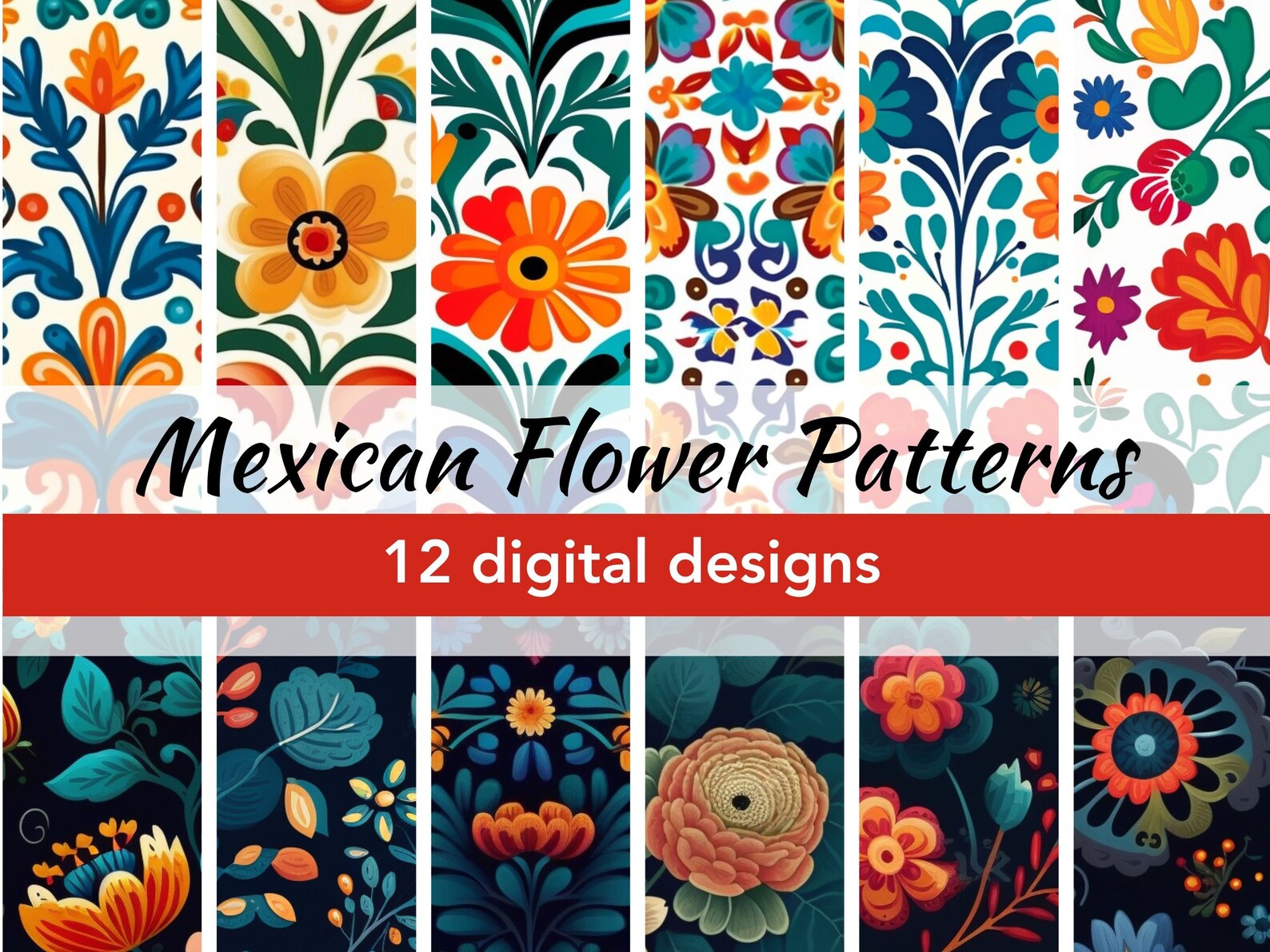 Colorful Mexican Flower Patterns Digital Paper, Floral Motifs (12x12 ...