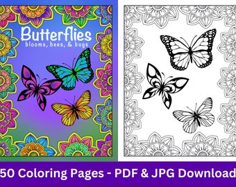 Printable Coloring Page - Beetles, Blooms and Butterflies - A4 PDF ...