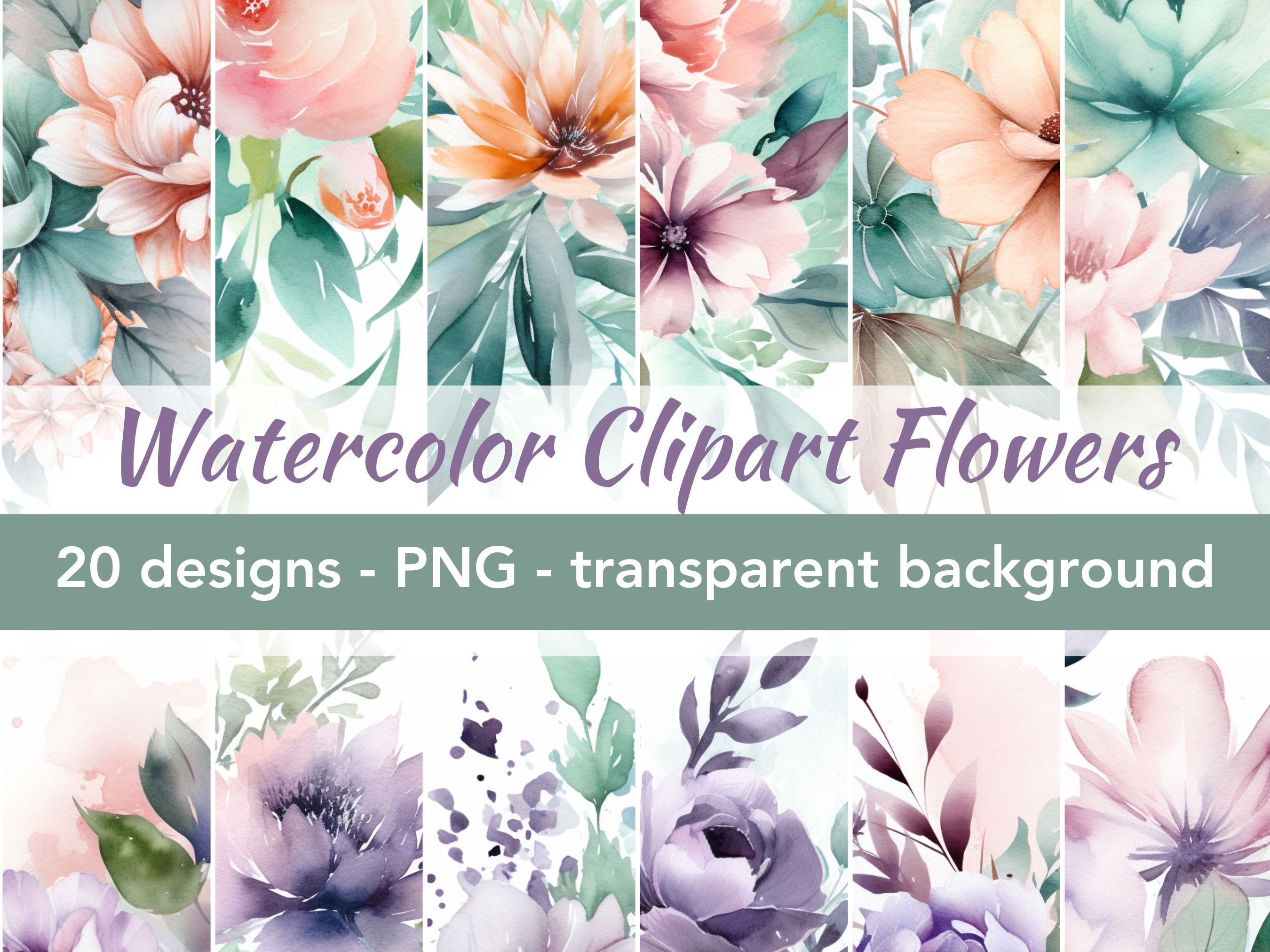 Pastel Clipart Flowers - Pink and Purple, 20 Digital Downloads, PNG ...