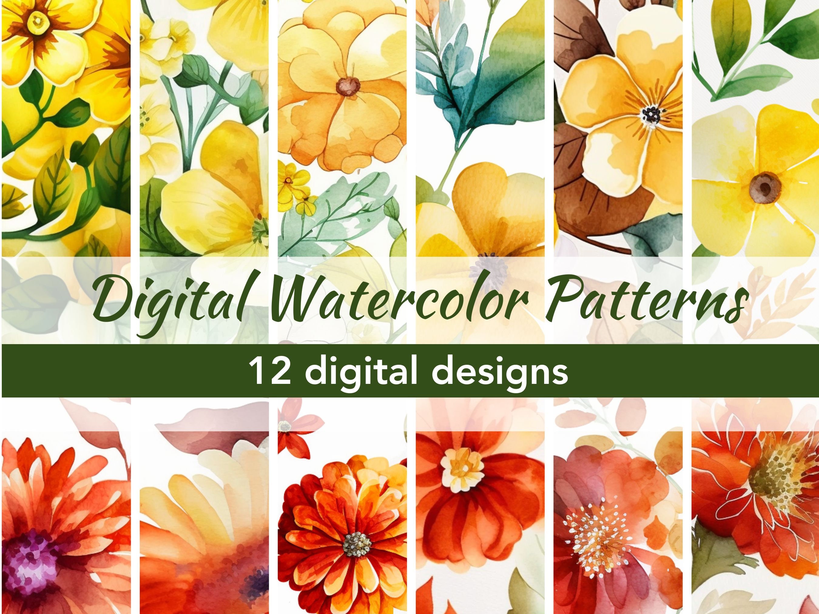 Orange and Yellow Watercolor Flower Patterns | 12" X 12" Floral Designs ...