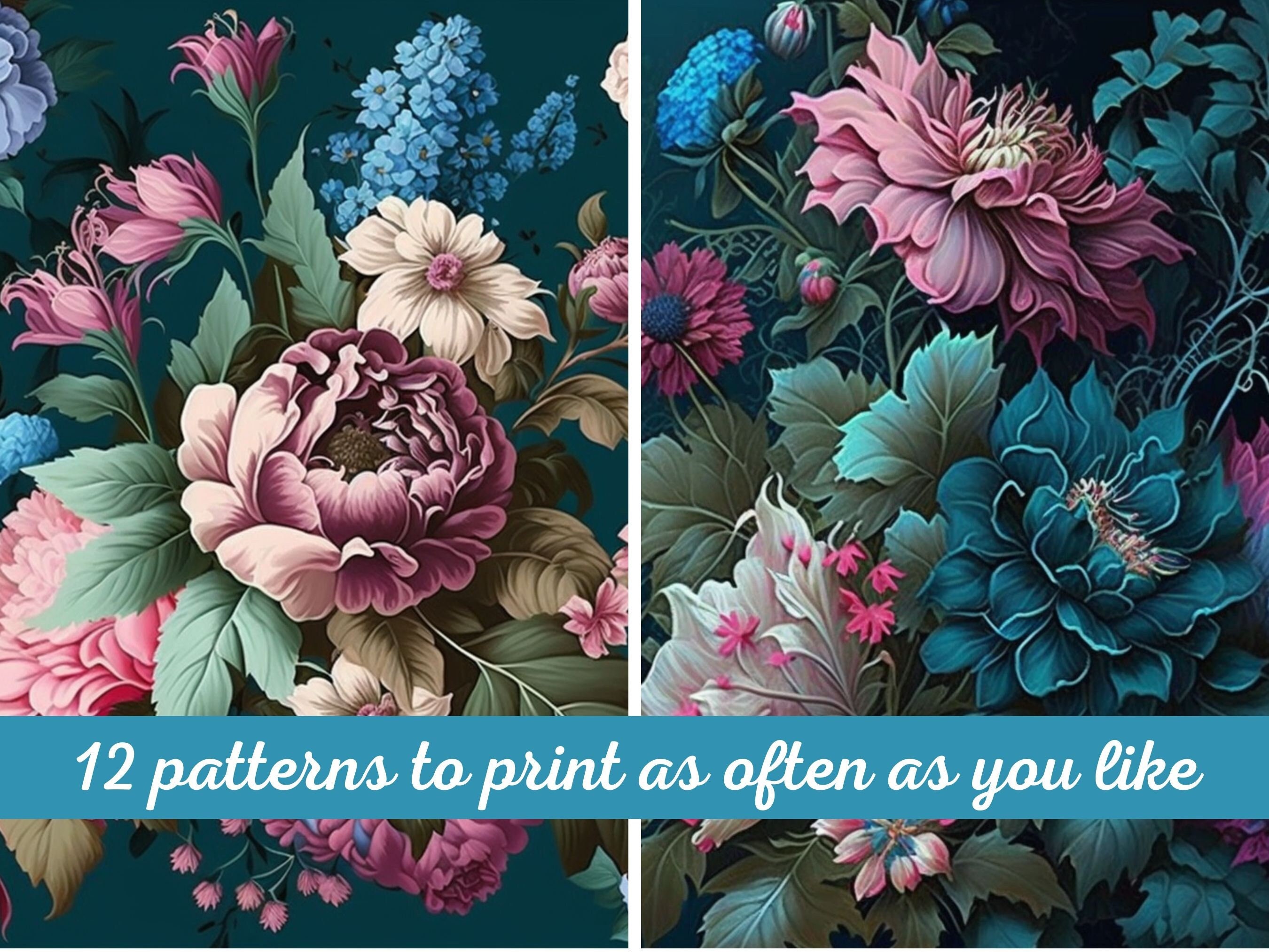 Floral Blue and Pink Flower Patterns | 12" X 12" Floral Designs | 12 ...