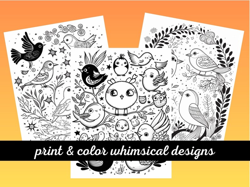Whimsical Birds and Flowers Coloring Book: 40 Printable Pages (PDF ...