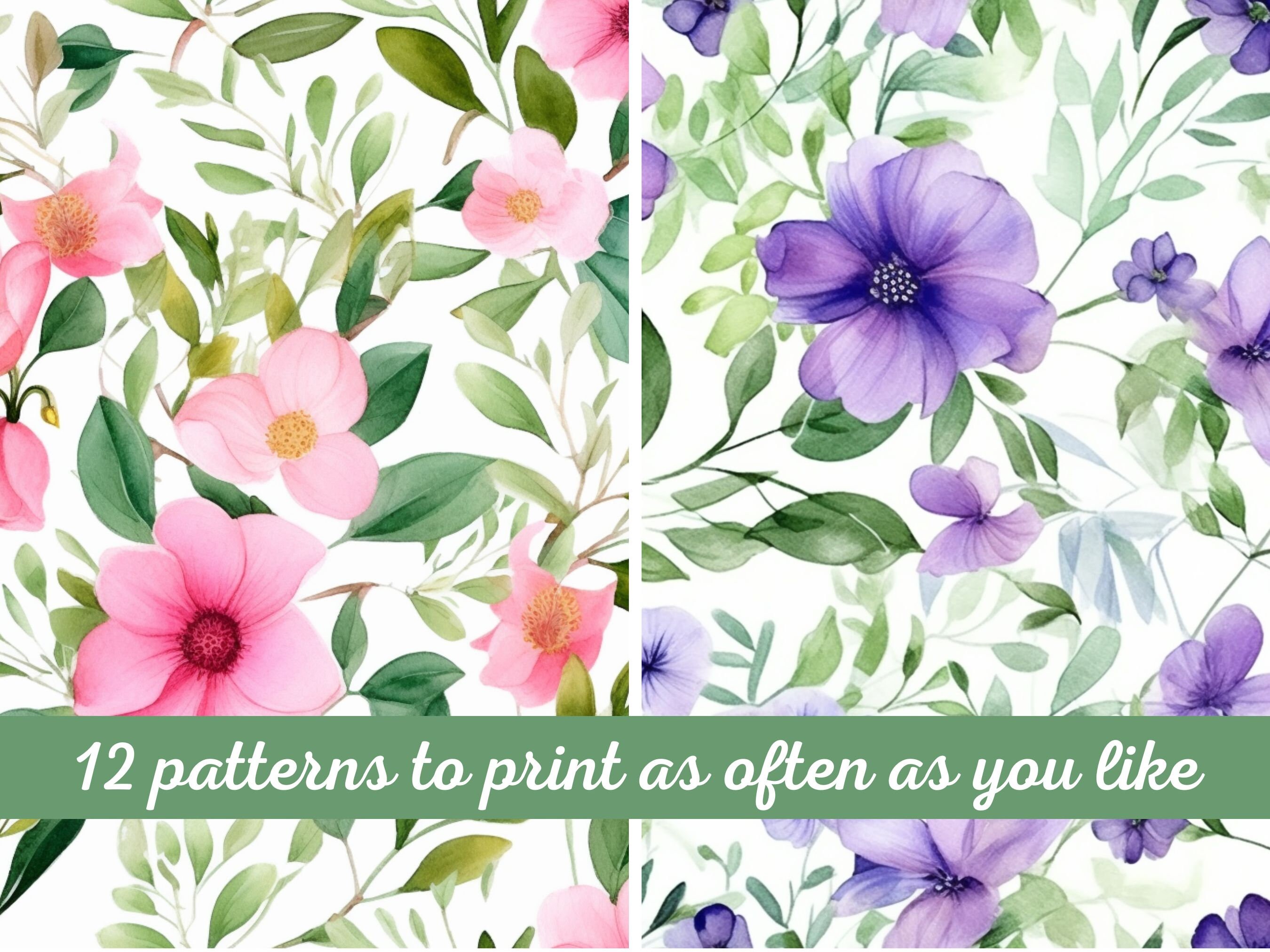 Pink and Purple Seamless Watercolor Flower Patterns | 12" X 12" Floral ...