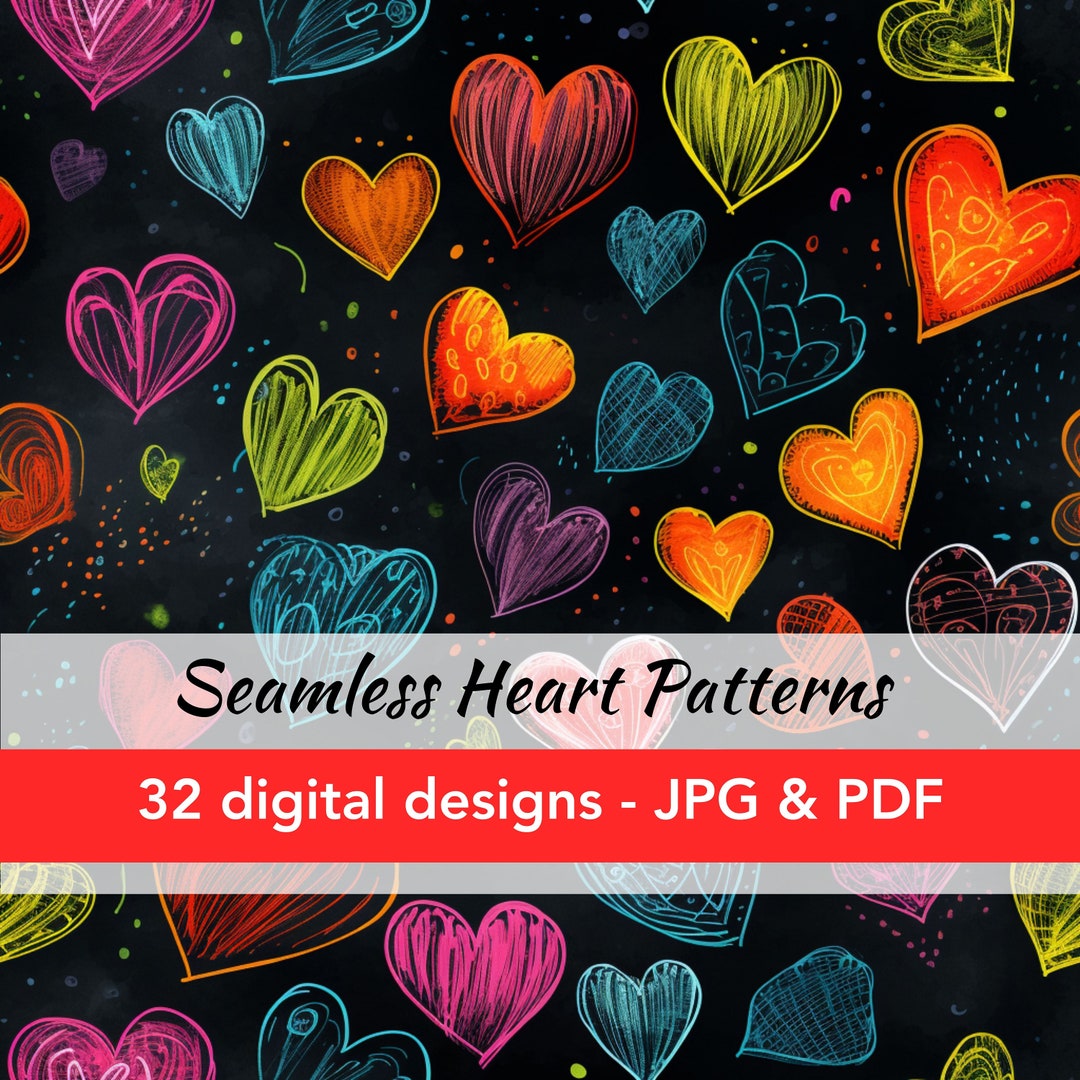 Seamless Heart Patterns: 32 Love Designs, 12" JPG & PDF (digital ...