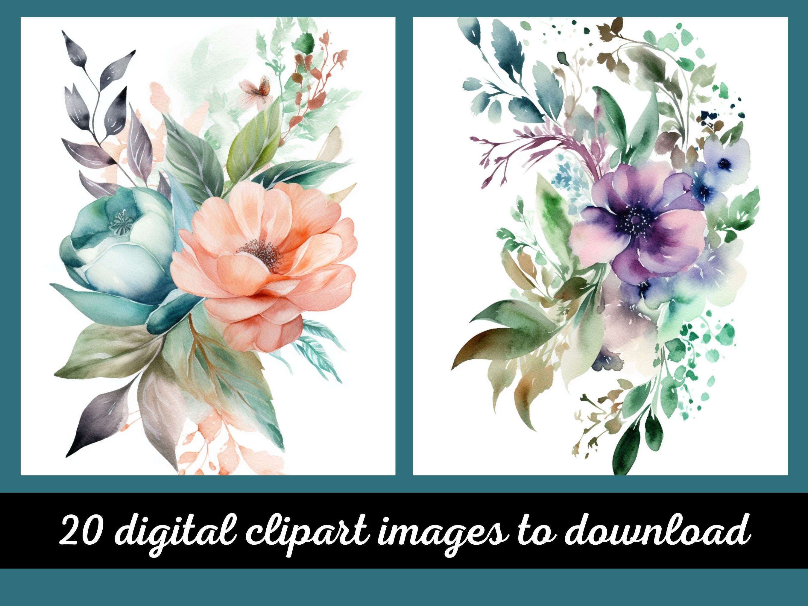 Clipart Colorful Watercolor Flowers, 20 Digital Images of Wild Flowers ...