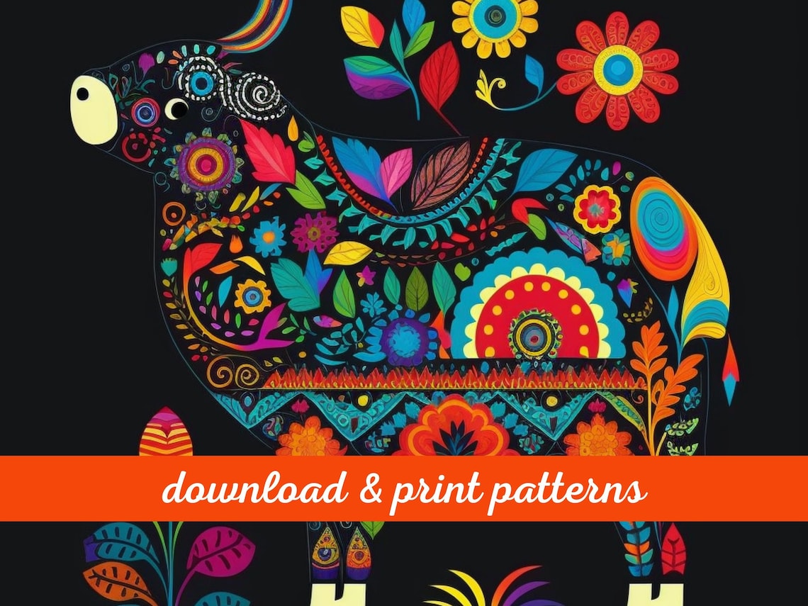 Mexican Animal Folk Art Patterns: Colorful 12x12 Digital Designs, JPG ...