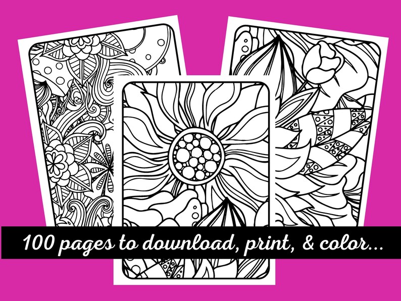 Blooms and Flowers Coloring Pages Adult Coloring Book Pages 100 ...