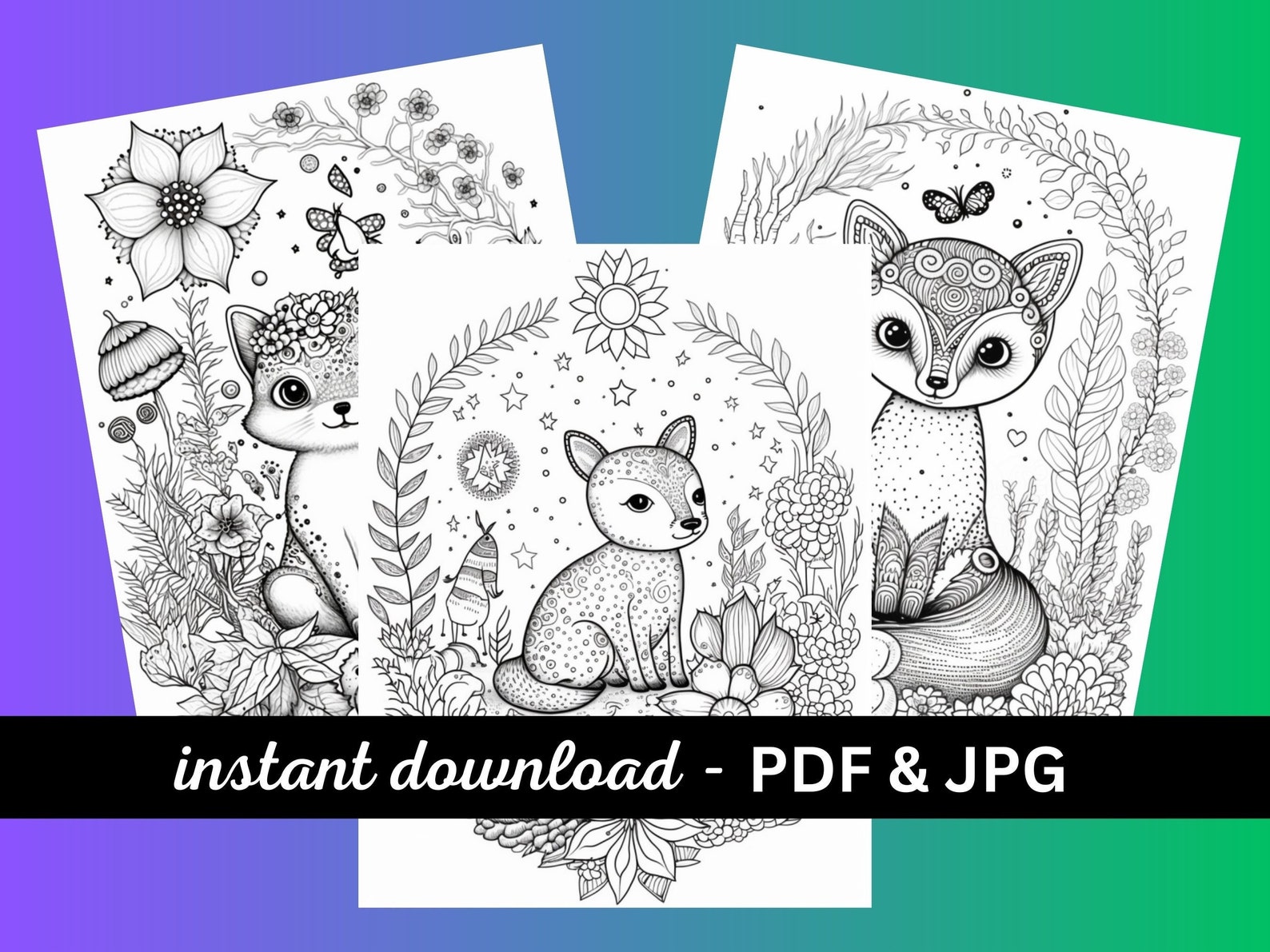 Whimsical Animals and Scenes Fantasy Coloring Book 50 Digital Coloring ...