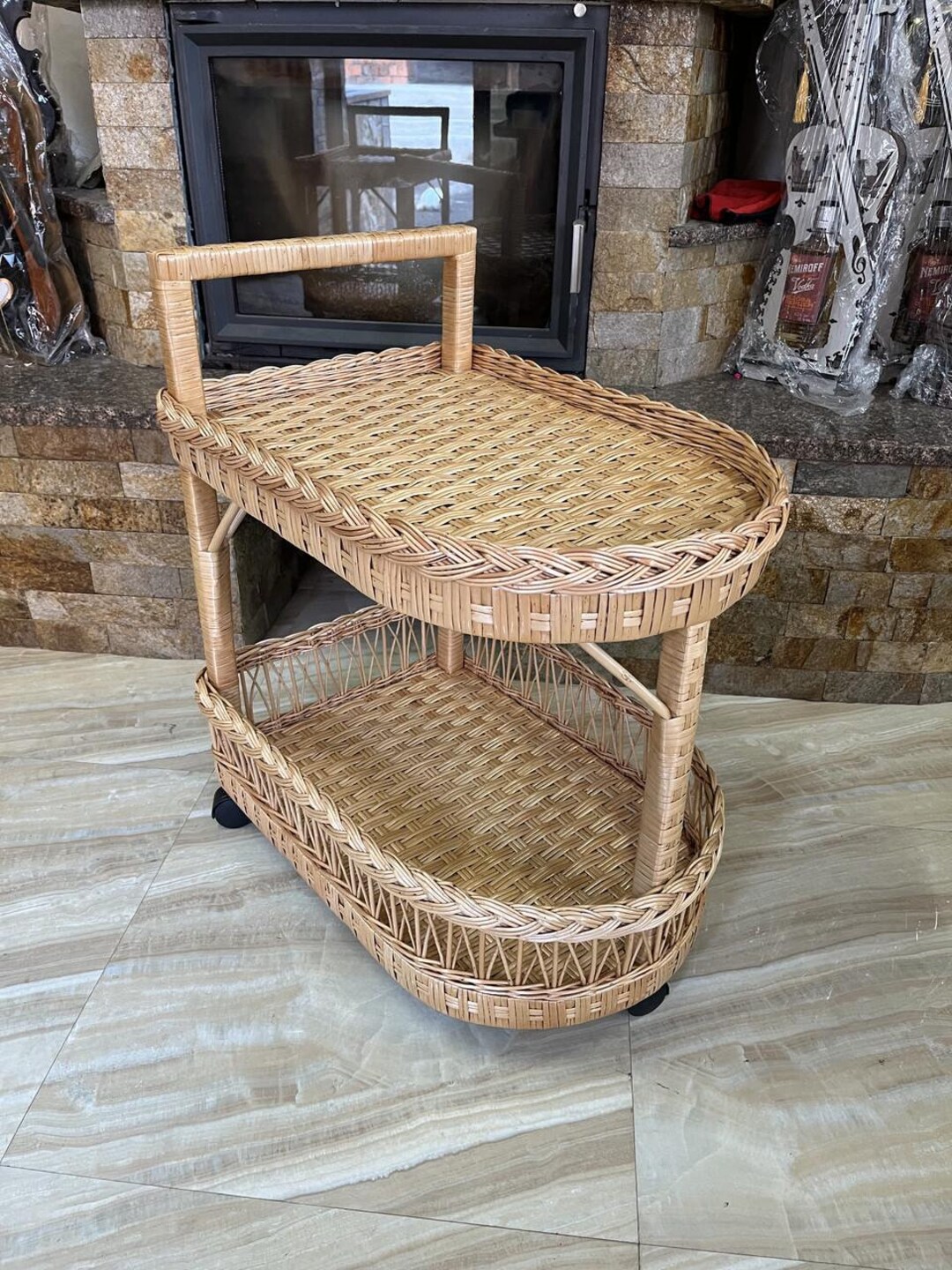 Rattan Bar Cart, Wicker Beverage Cart, Eco-friendly Rolling Cart, Boho ...
