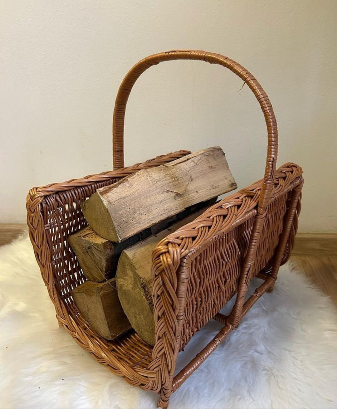 Large Wicker Fireplace Basket With Handle, Handmade Rattan Log Holder ...