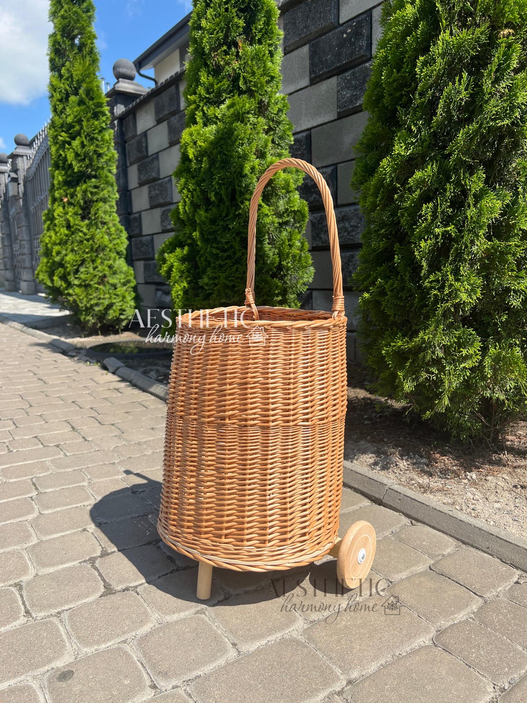 Wicker Shopping Cart With Handle and Wheels – French Market Basket ...