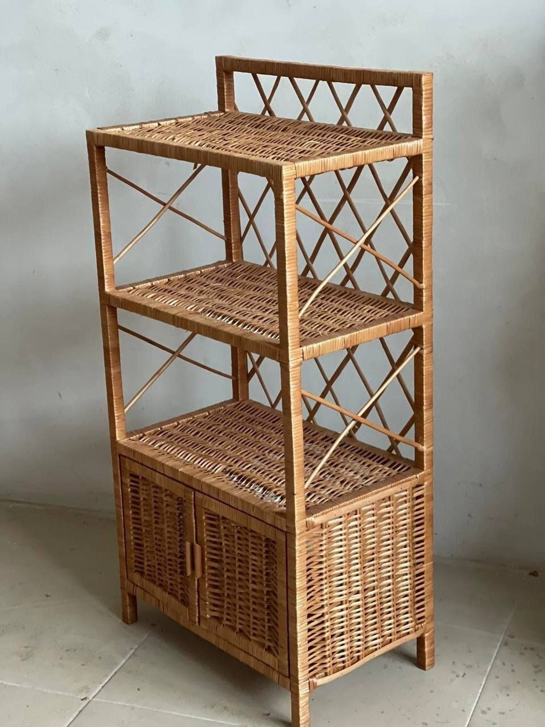 Rattan Shelf Cabinet, Wicker Bookshelf With Doors, Storage Shelf ...