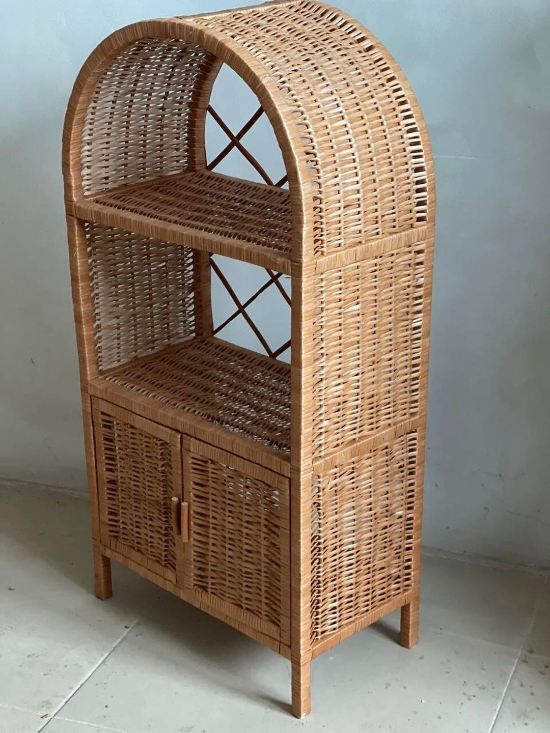 Arch Rattan Shelf Cabinet With Doors, Wicker Storage Shelf, Bookshelf ...