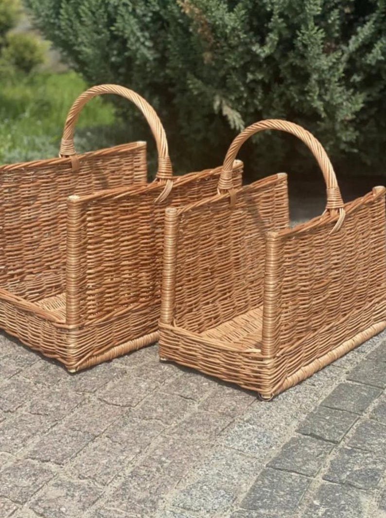 Large Wicker Firewood Basket With Handle, Handmade Log Carrier, Natural ...