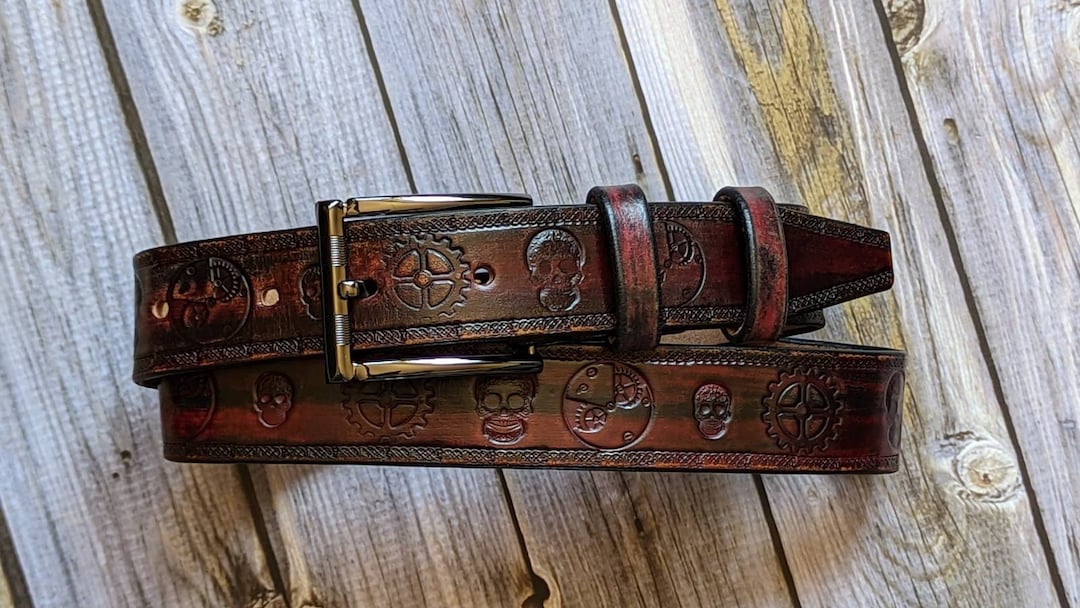 Custom Skull Tooled Leather Belt: Handmade Full Grain, Black Stain - Etsy