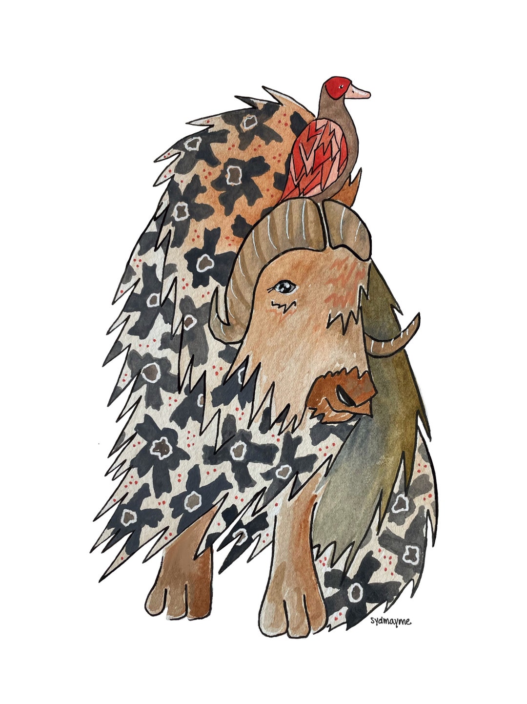 Yak Folk Style Print - 8 X 10, Scandinavian, Himalayan Decor, Floral ...