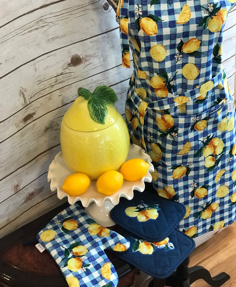 Lemon apron yellow and blue apron kitchen apron personalize | Etsy