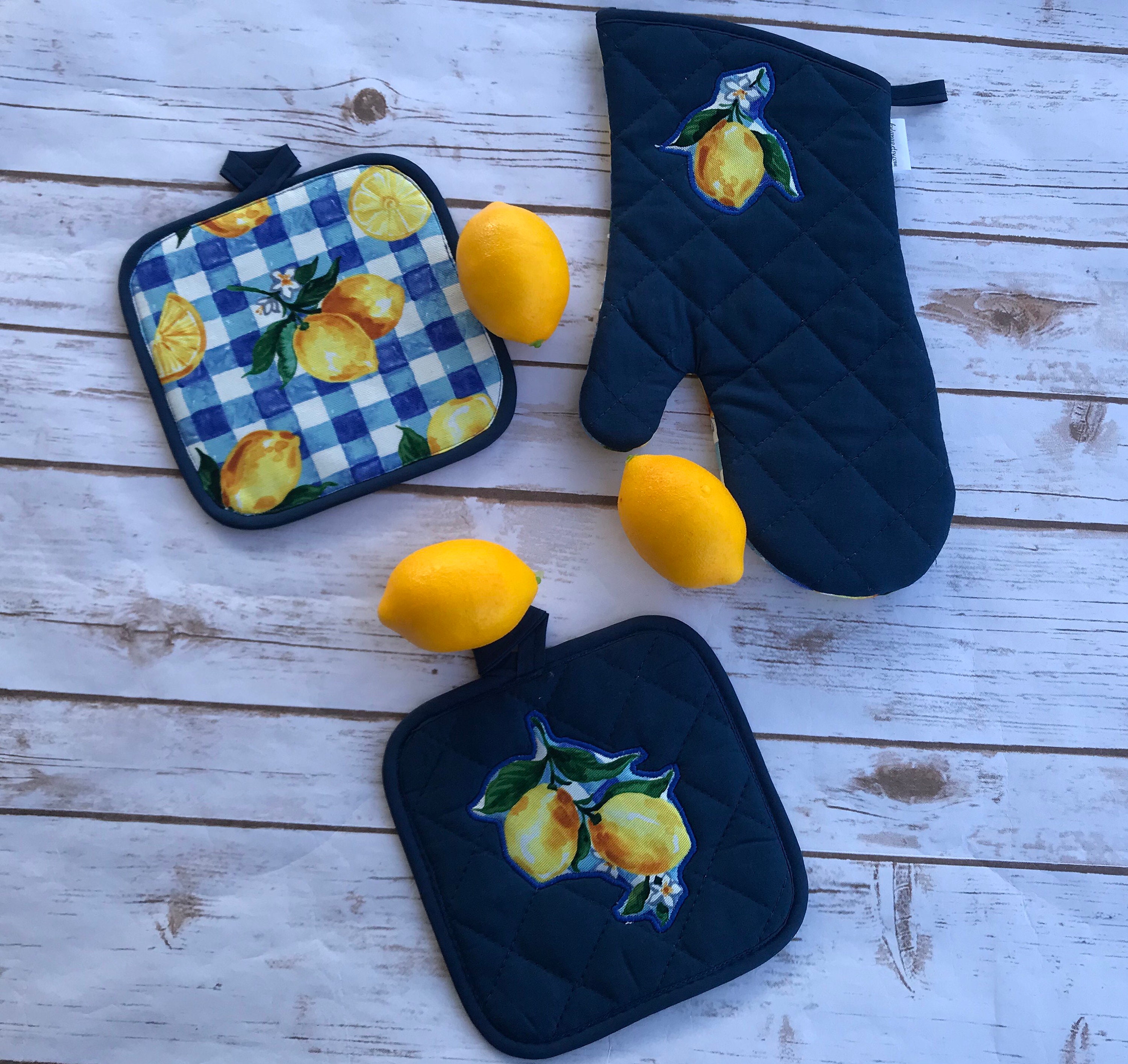 Yellow Lemon Pot Holders and Oven Mitten Yellow and Blue Pot - Etsy
