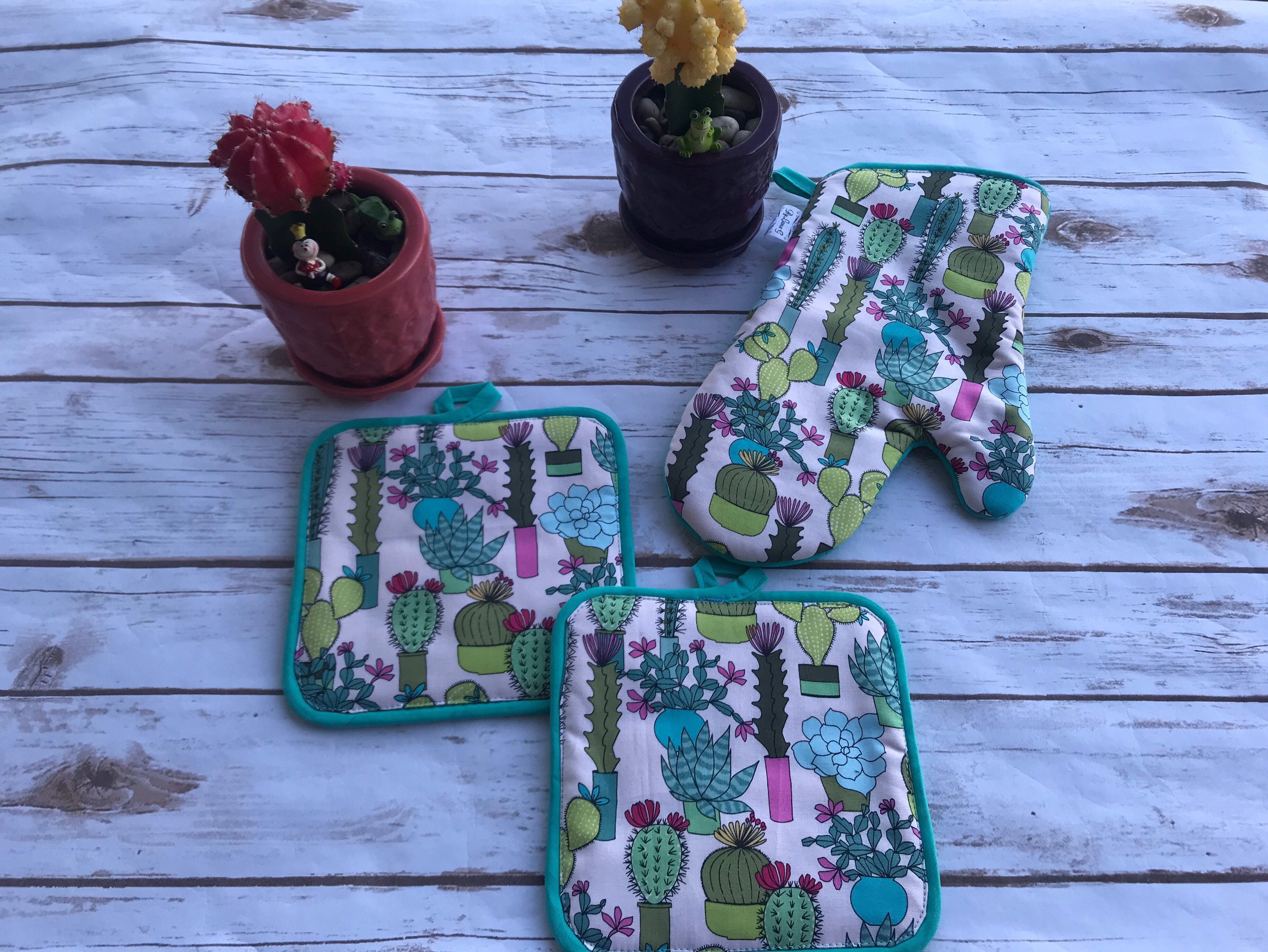 Pot Holders and Oven Mitten Cactus and Succulent Gift | Etsy
