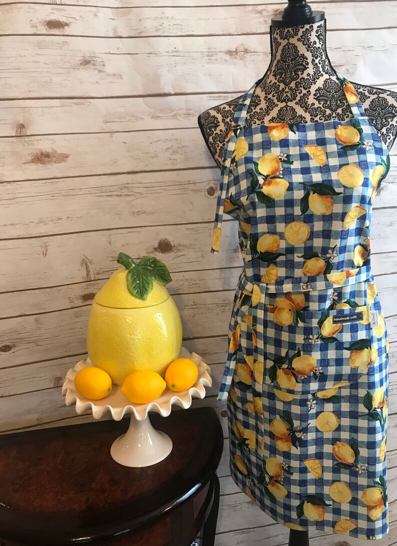 Lemon apron yellow and blue apron kitchen apron personalize | Etsy