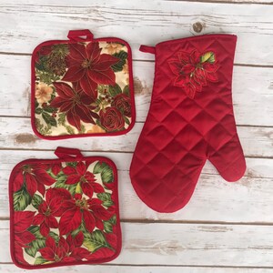 Pot Holders and 1 Oven Mitten Red Poinsettias Flowers, Christmas Gift ...