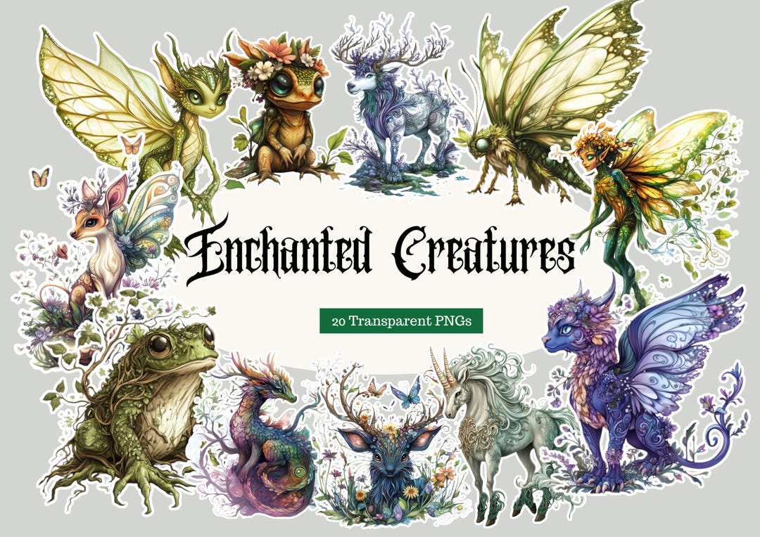 Whimsical Enchanted Creatures Clipart for Kids, Cute Magical Beasts PNG ...