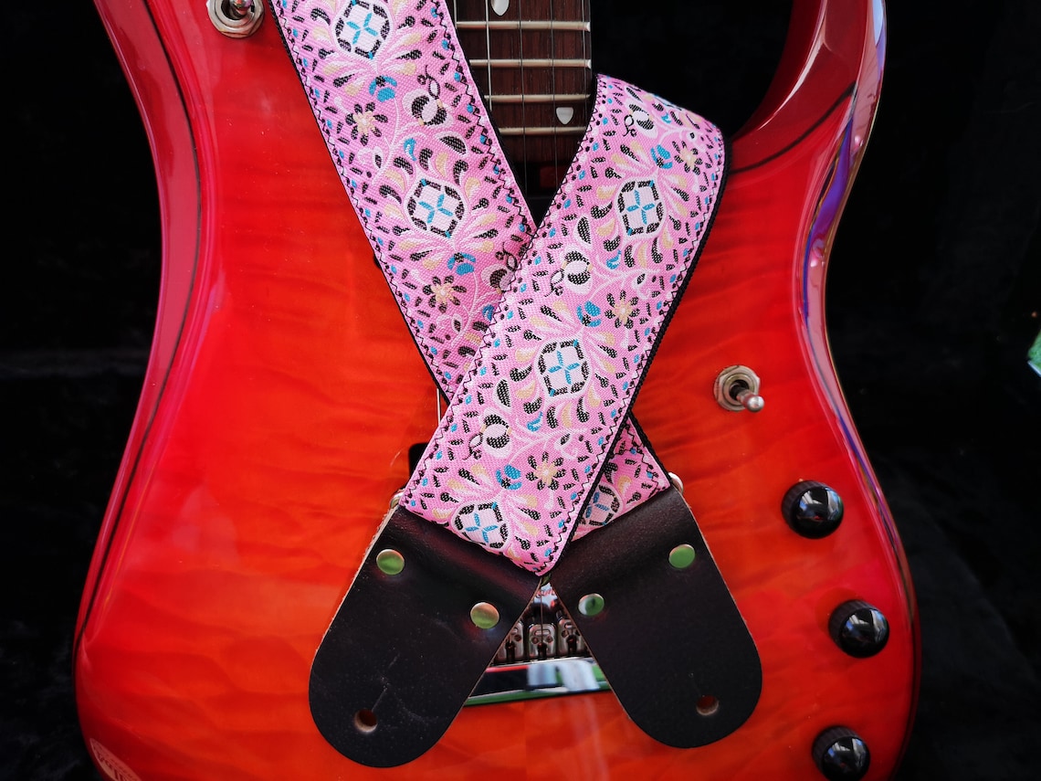 Pink Guitar Strap with Leather Ends For Electric Acoustic or | Etsy