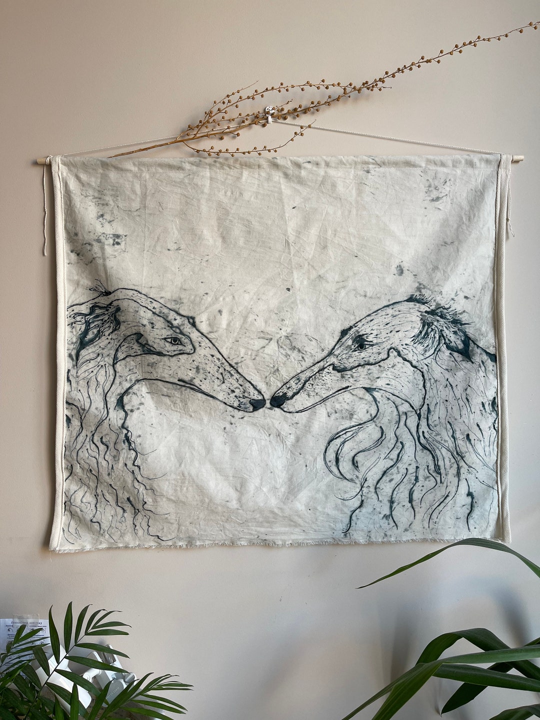 Wall Textile Panel , Two Greyhounds , Two Dogs , Painting on Fabric - Etsy