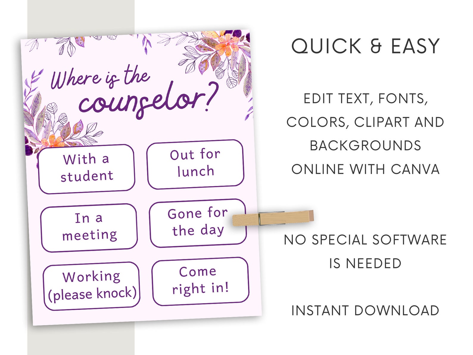 EDITABLE Out of Office Door Sign for School Counselor, Guidance ...