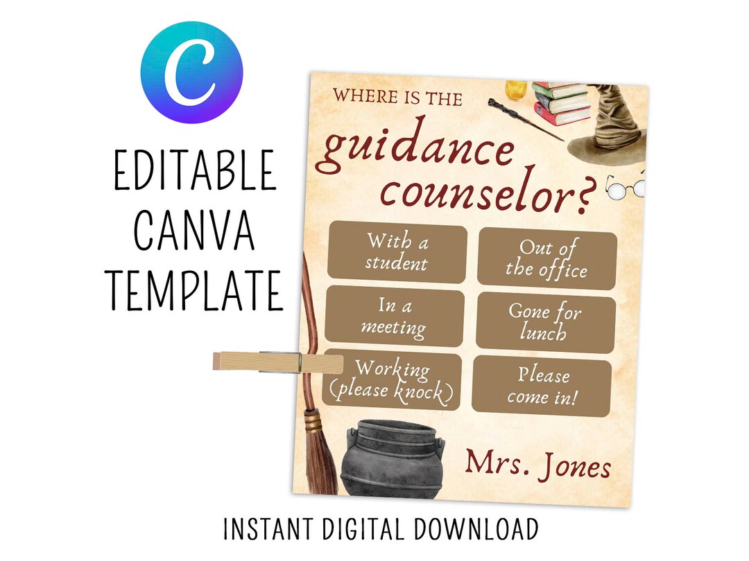 EDITABLE Wizard Theme Out of Office Door Sign for Guidance Counselor ...