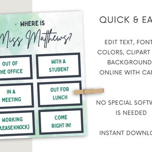 EDITABLE Out of Office Door Sign for Teacher, Counselor, Psychologist ...