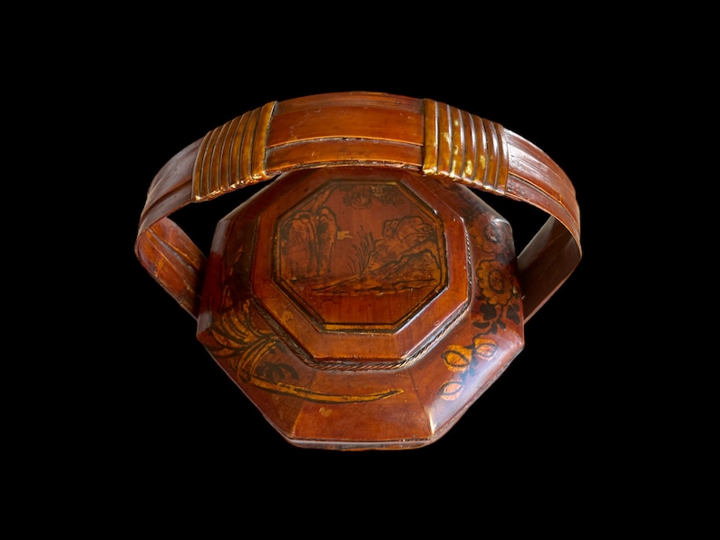 Antique Chinese Octagon Wooden Wedding Basket Hand Painted With Lid, 2 ...