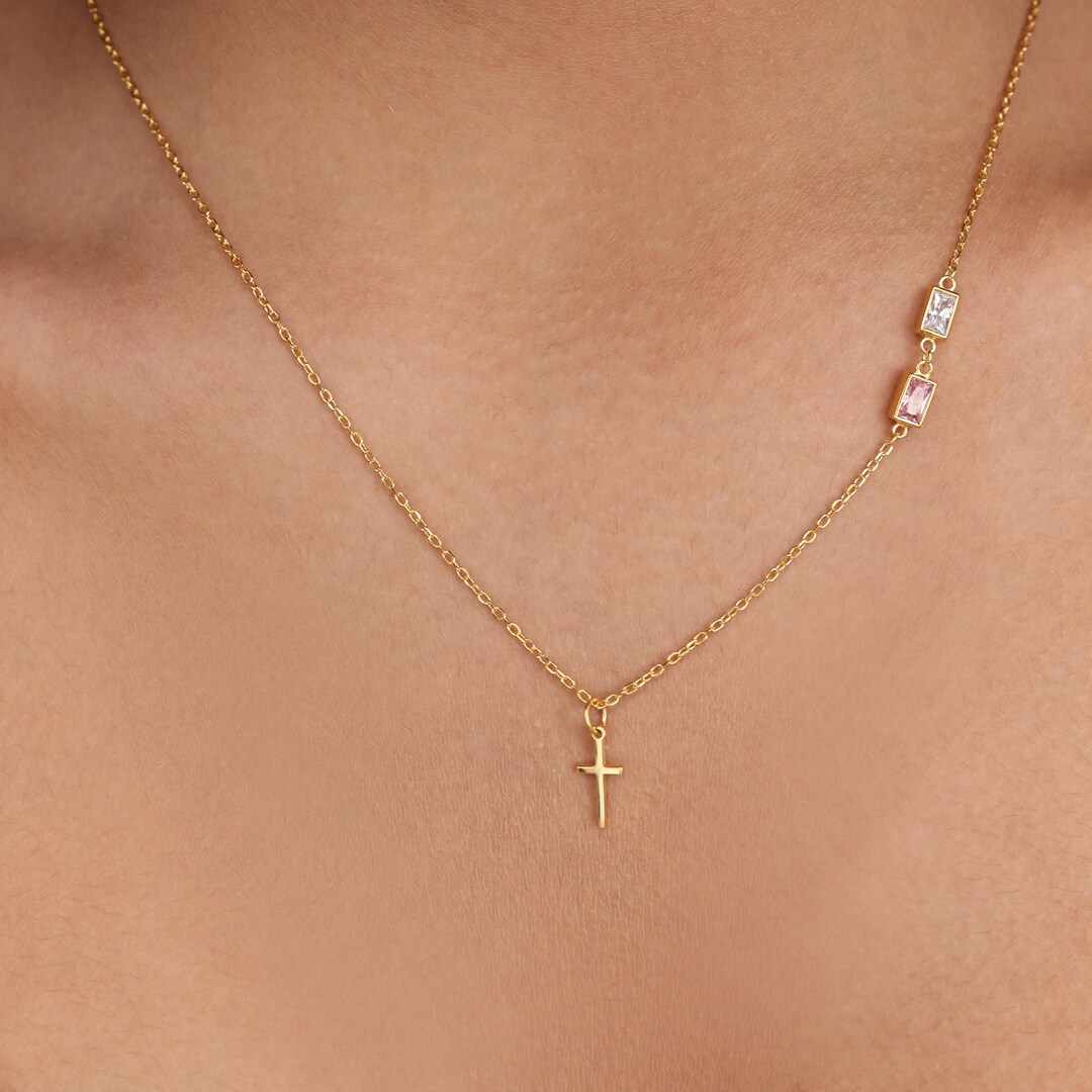 Sideways Cross Necklace | Multiple Birthstones Necklace | Double ...