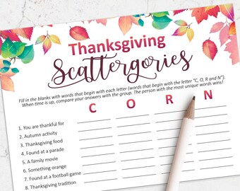 Thanksgiving Games Printable Scattergories Game for | Etsy