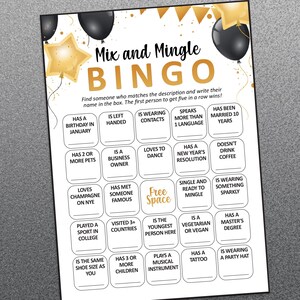 Mix and Mingle Bingo, New Year's Bingo, NYE Games, Find the Guest Game ...