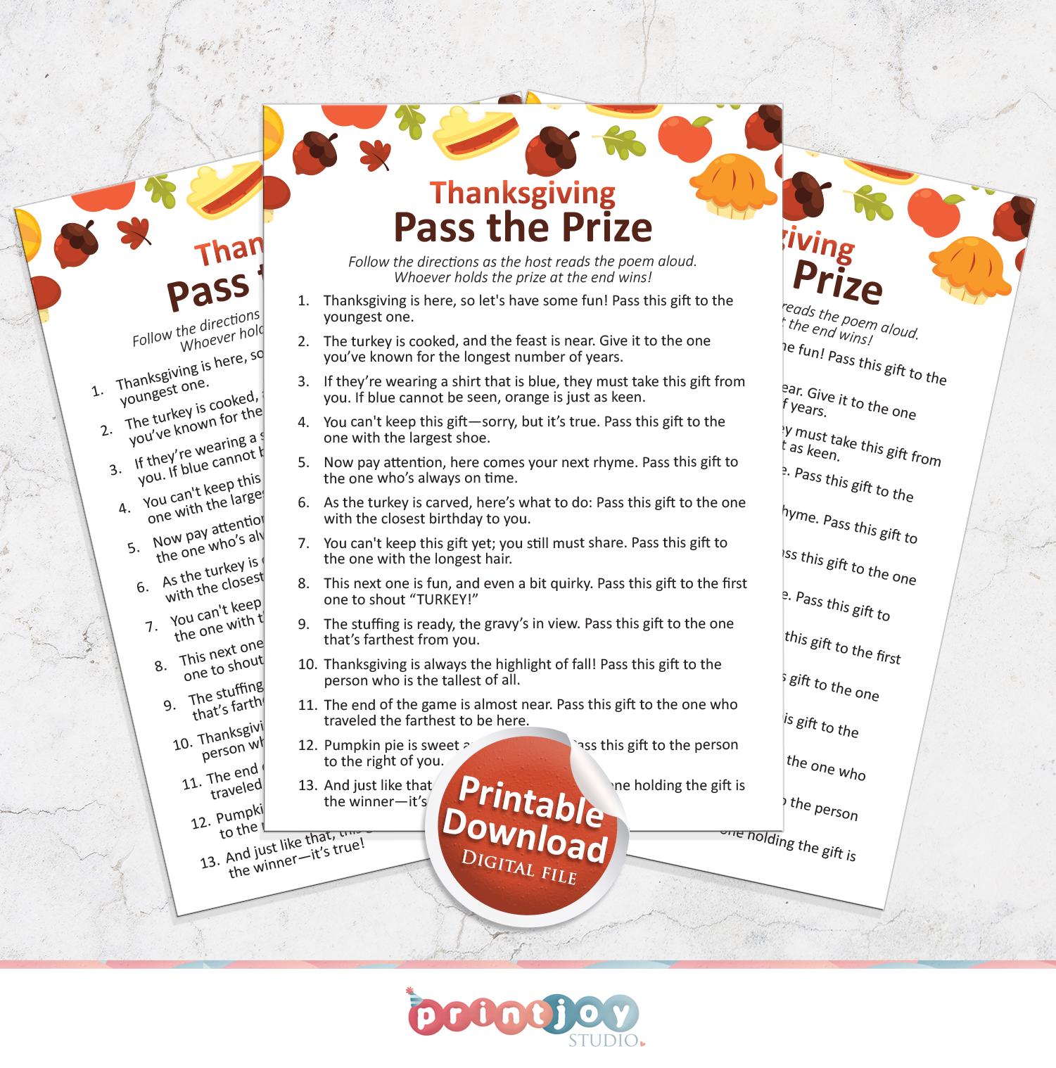 Thanksgiving Games Printable, Pass the Gift Game, Party Games, Adult ...