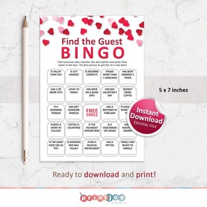 Find the Guest Bingo, Valentines Day Games, Printable Party Game ...
