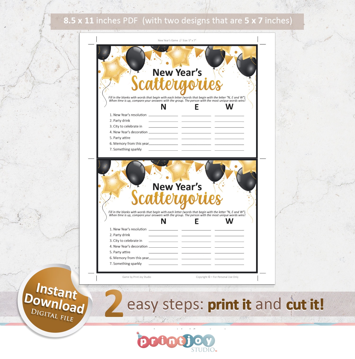 New Years Eve Games, Scattergories Game for New Years Party, New Years ...