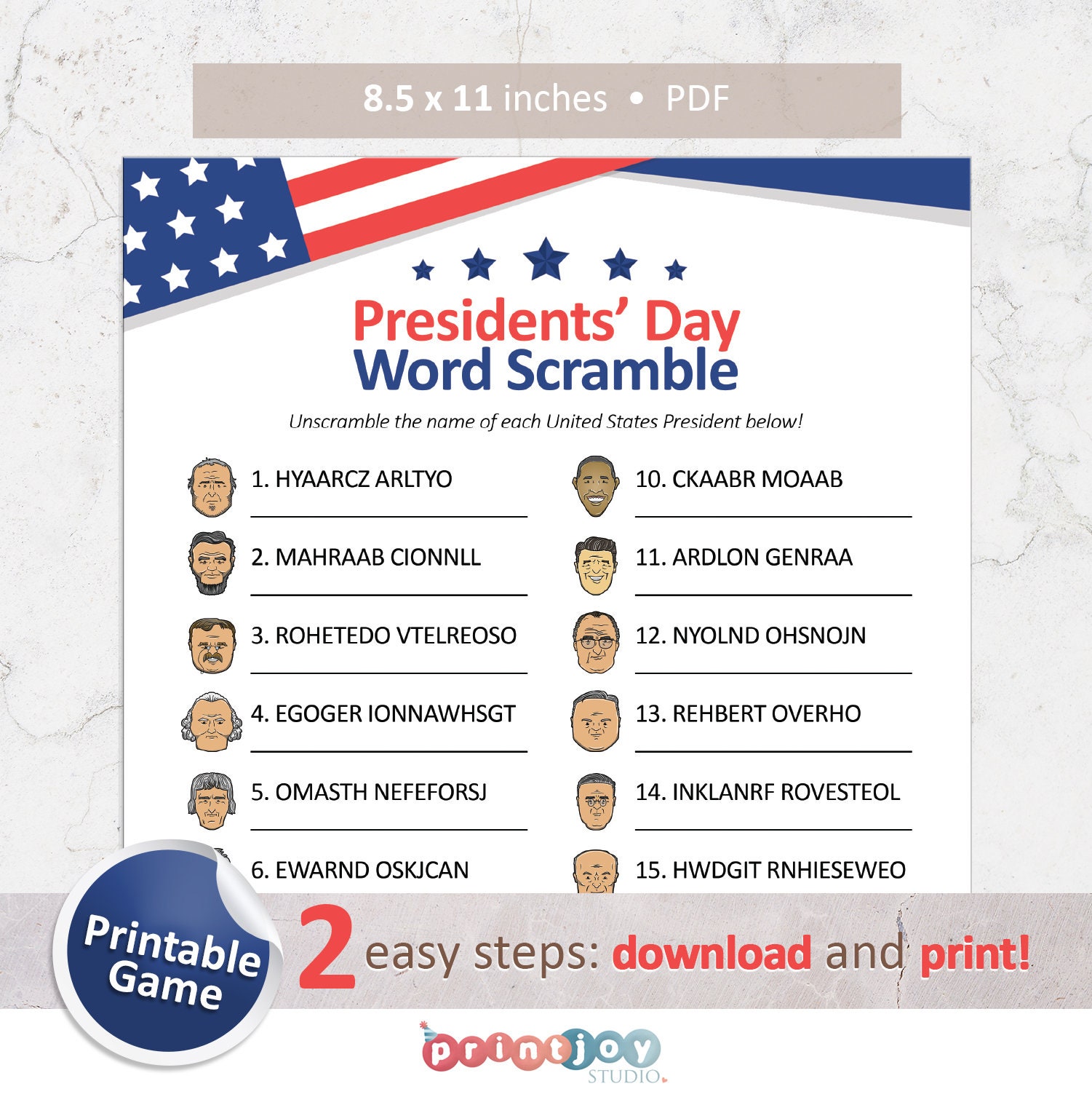 Presidents Day Game US Presidents Game Printable Games - Etsy