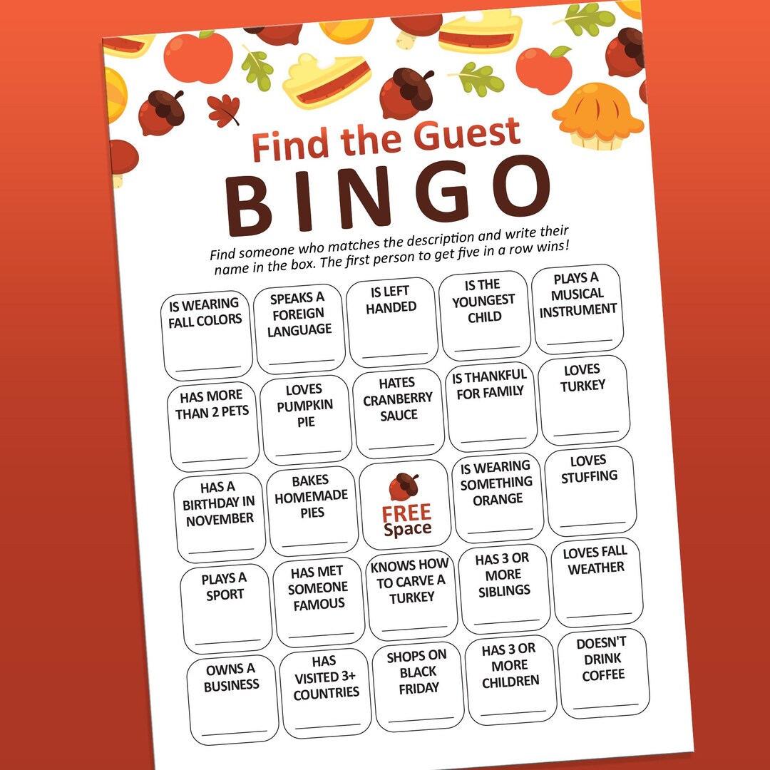 Thanksgiving Games Printable, Find the Guest Bingo, Party Games, Adult ...