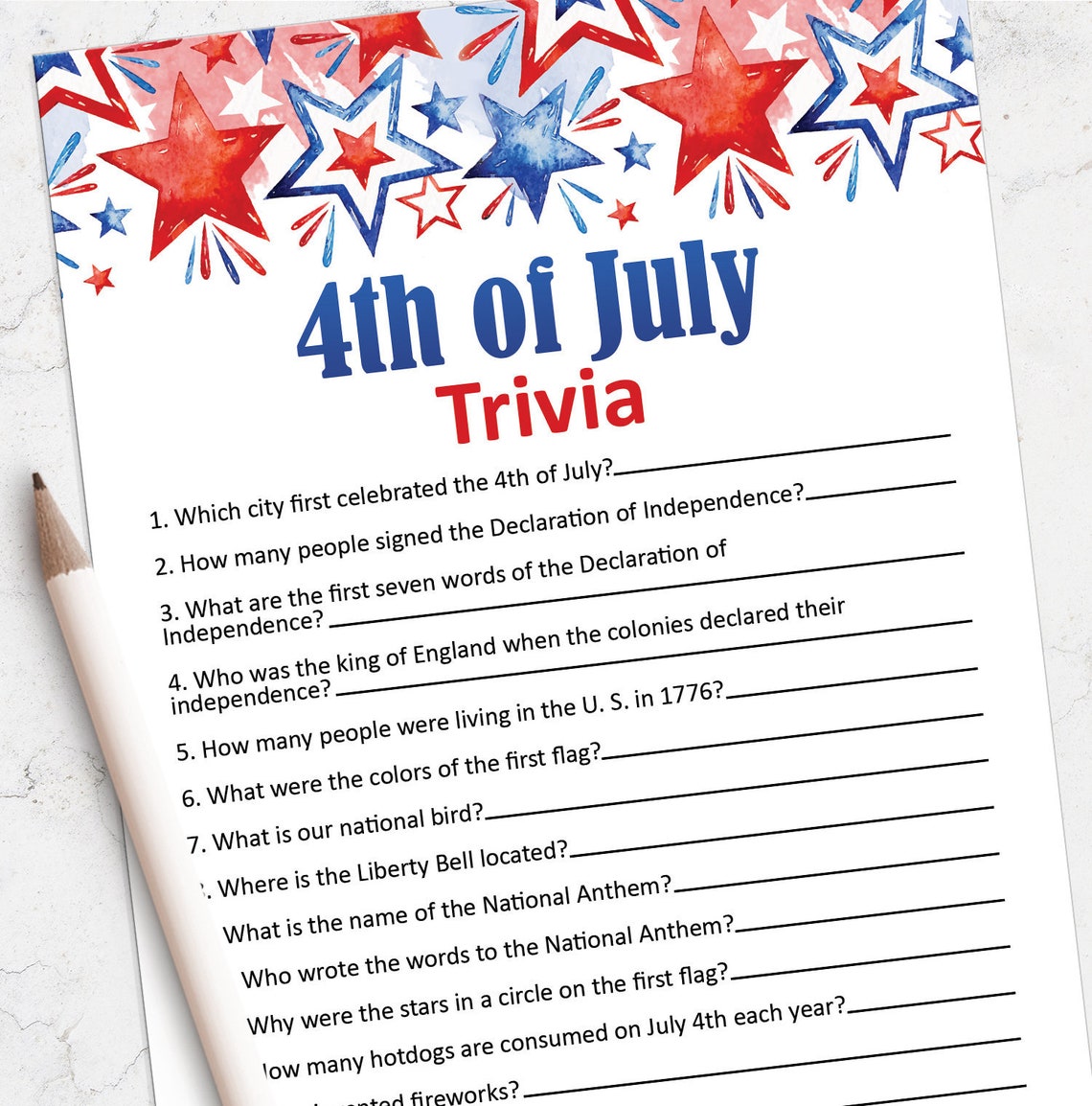4th of July Printable Game Fourth of July Trivia Game | Etsy