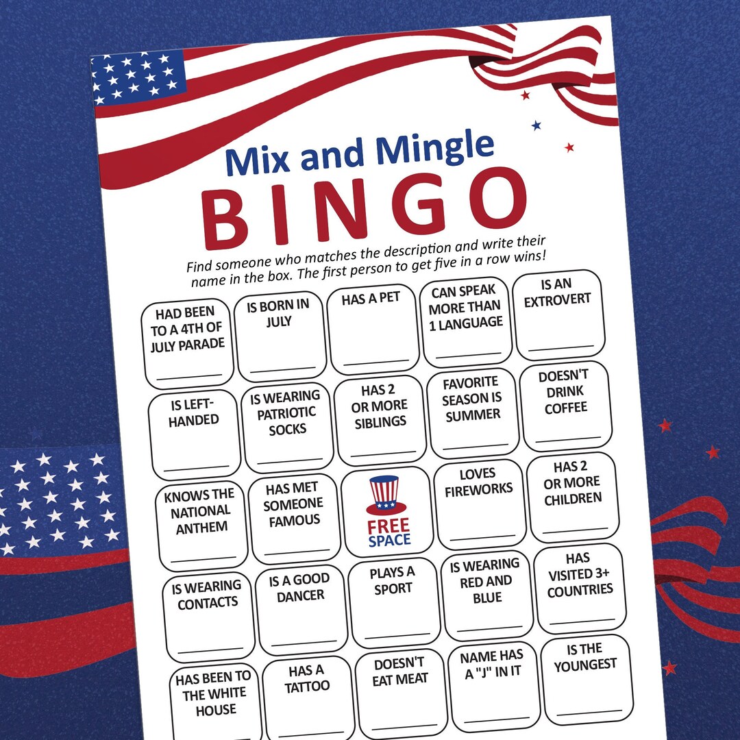 Mix and Mingle Bingo, 4th of July Games, Patriotic, Games for Adults ...
