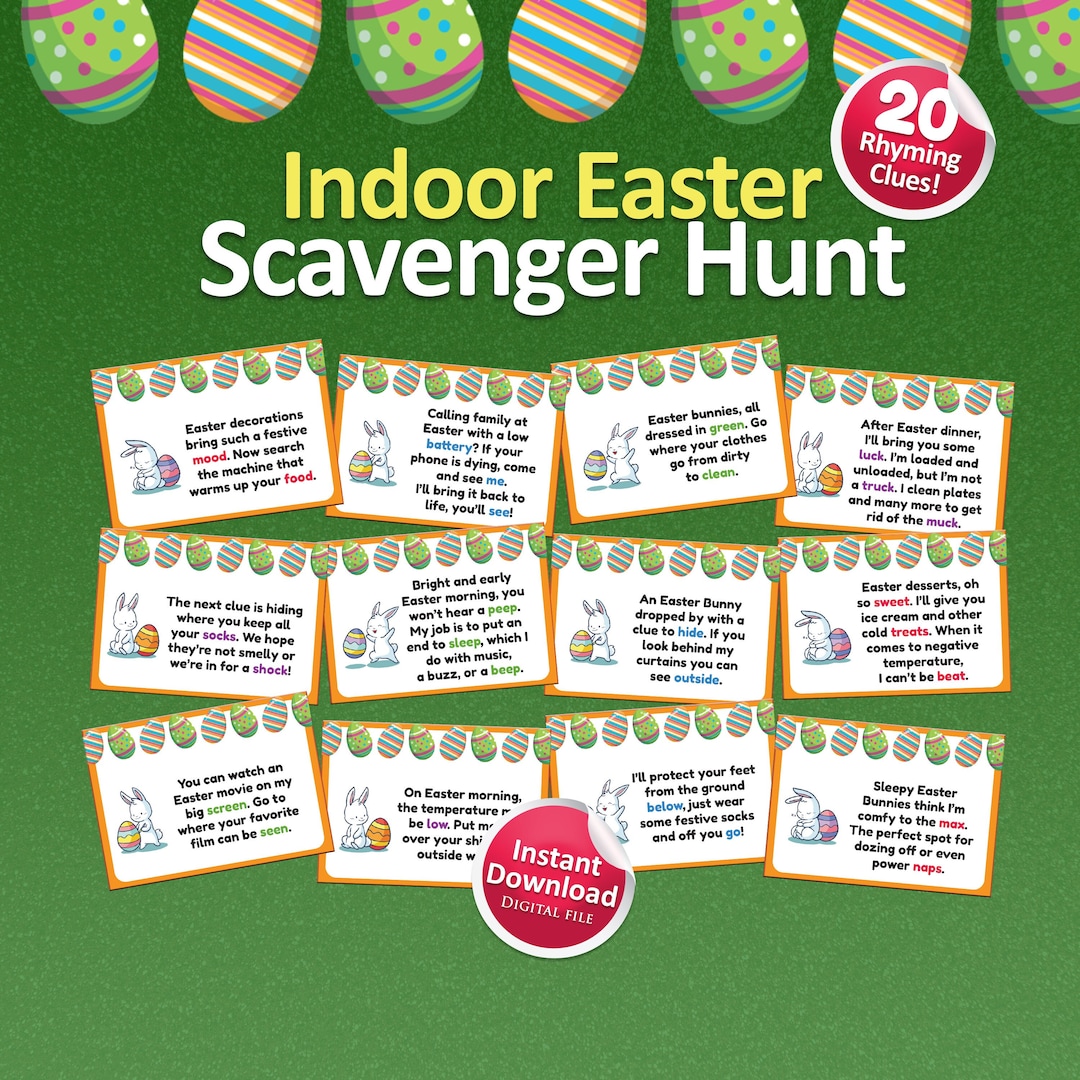 Indoor Easter Scavenger Hunt, Easter Scavenger Hunt Clues, Riddle ...
